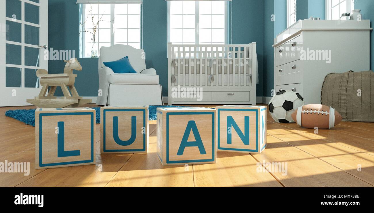 The name luan written with wooden toy cubes in children's room Stock ...