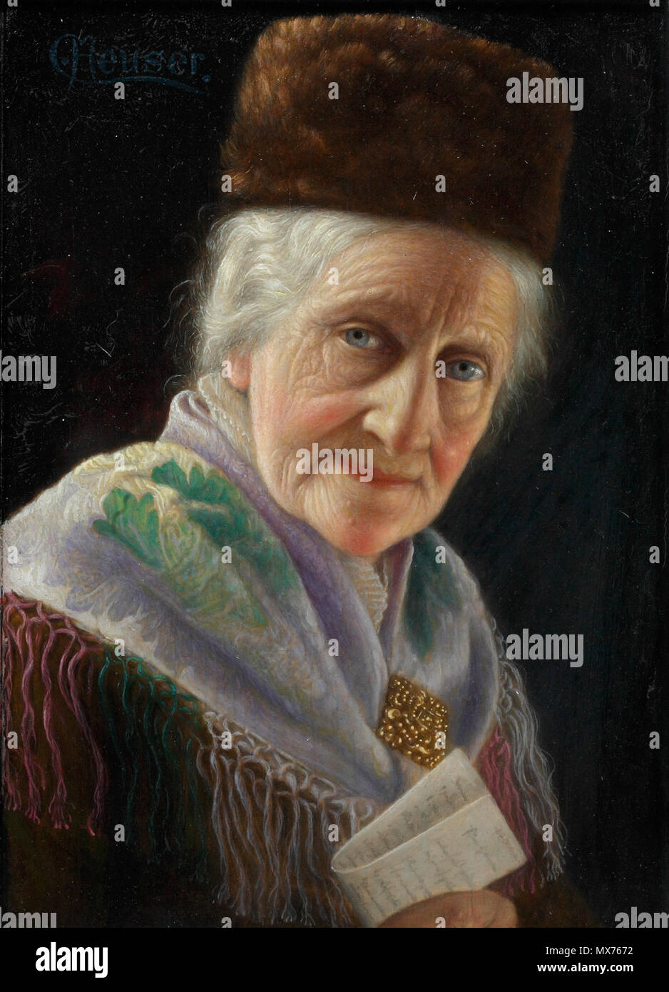 . Portrait of an old lady with fur hat. Signed. Oil on panel, 16 x 11.5 ...