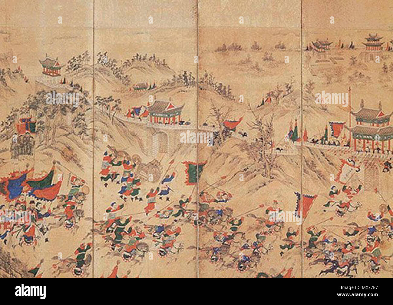 . Chinese cavalry and infantry attacking the walls of Pyongyang in 1593 ...