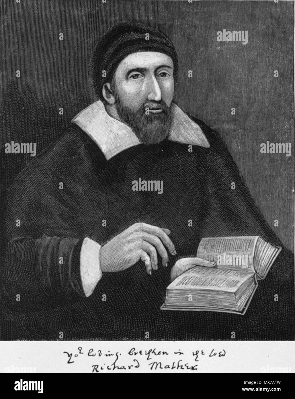 . Portrait of w:en:Richard Mather. Etching after an oil painting by an ...