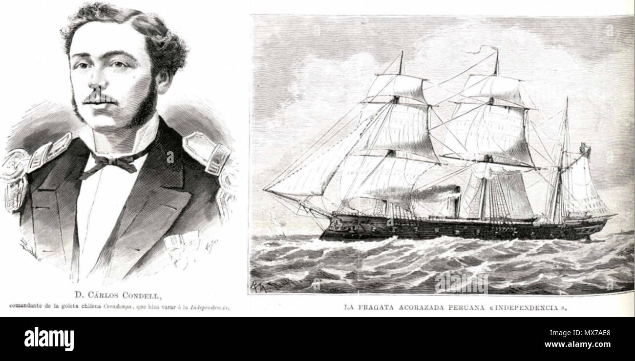 . English: Carlos Condell y el Independencia . 1879. La Ilustracion ...