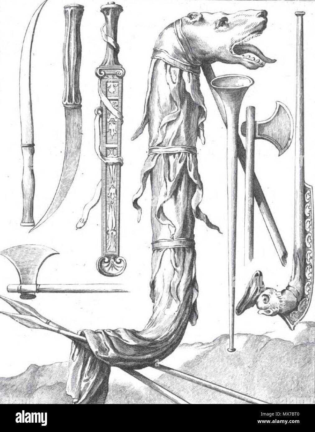 . English: It presents the weapons, trumpets and standard of the ...