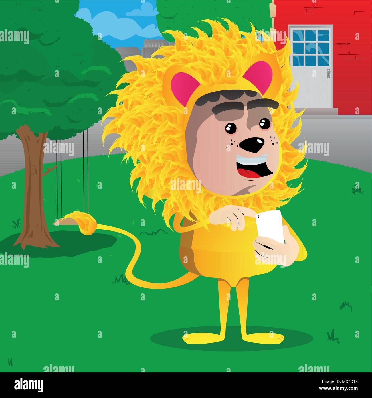 Boy dressed as lion using a mobile phone. Vector cartoon character ...