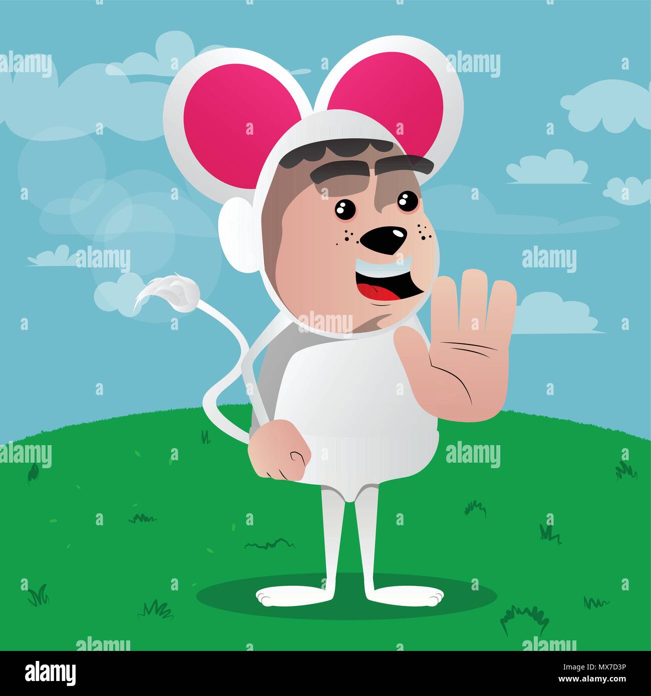 Boy dressed as mouse showing deny or refuse hand gesture. Vector ...