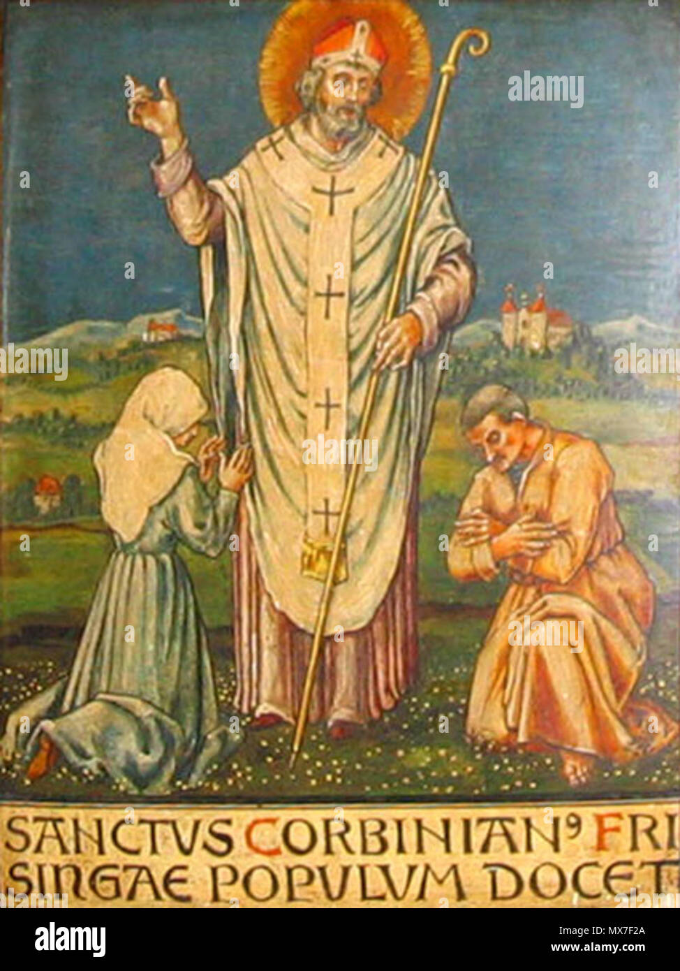 . Depiction of St. Corbinian with Grimoaldo. From a panel in the crypt ...