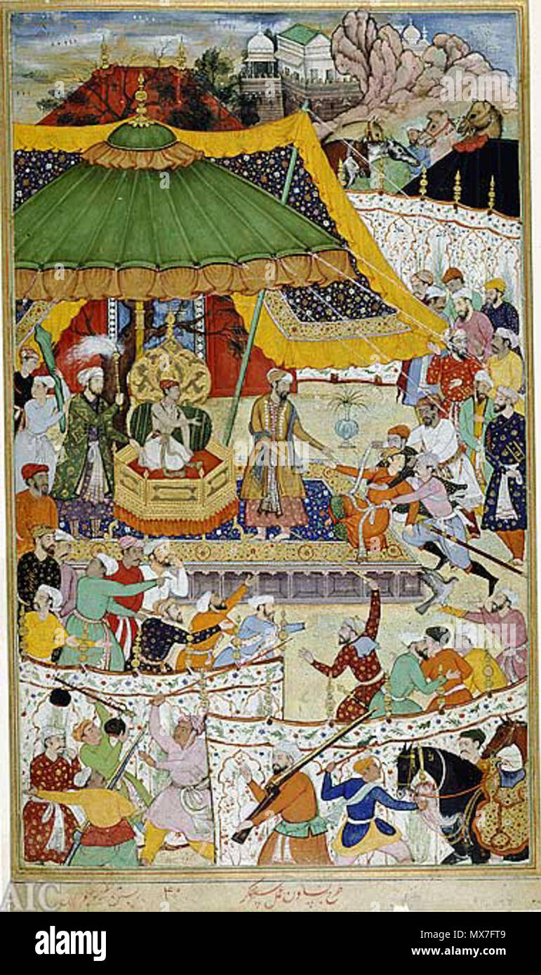 . English: The court of Akbar, an illustration from Akbarnama. The ...