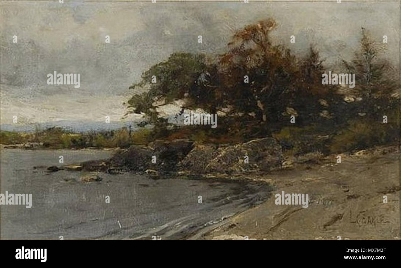 . English: Lakeshore landscape with rocks, trees, and distant hills ...