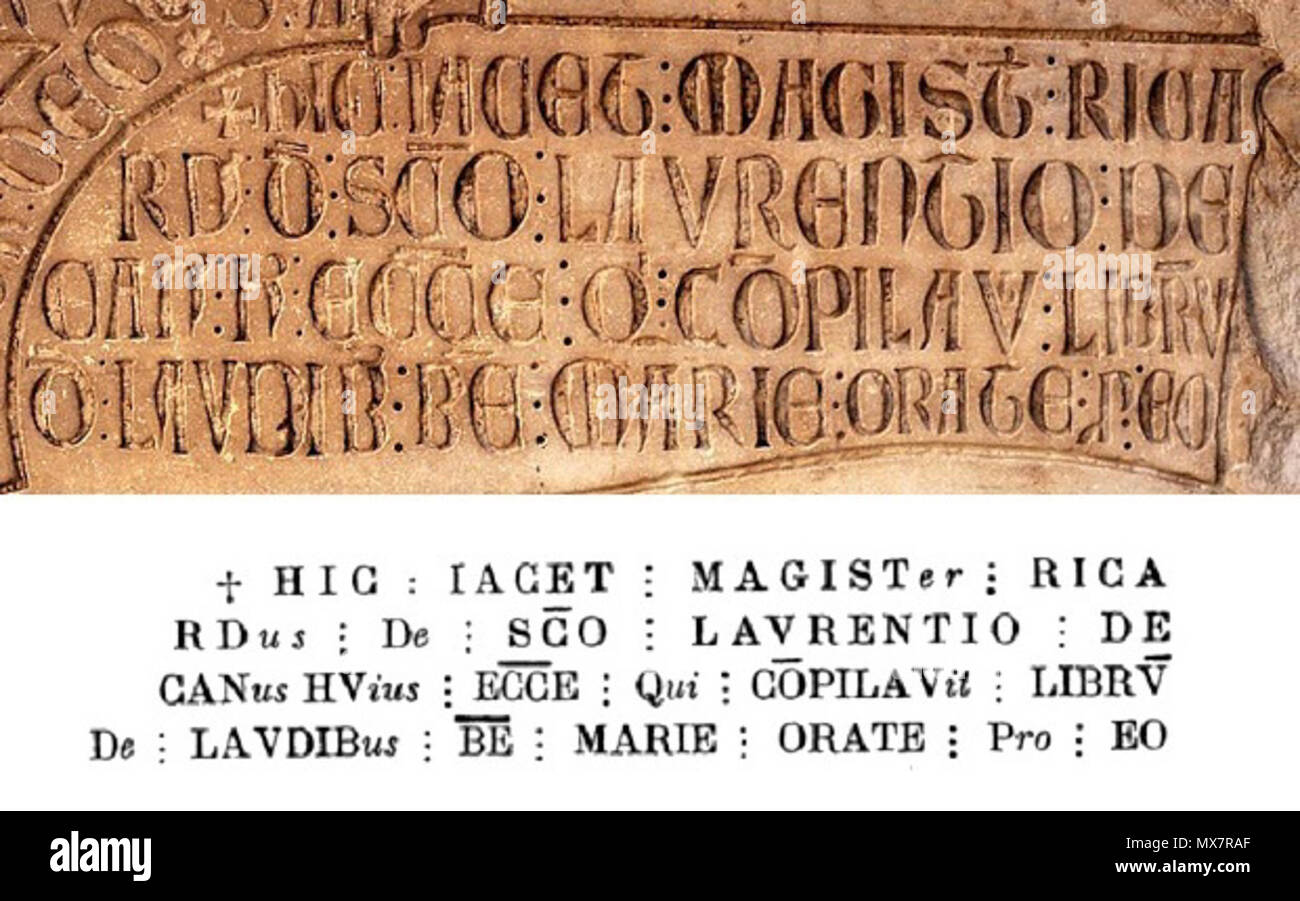 . English: Inscription of the epitaph of Richard of Saint-Laurent in ...