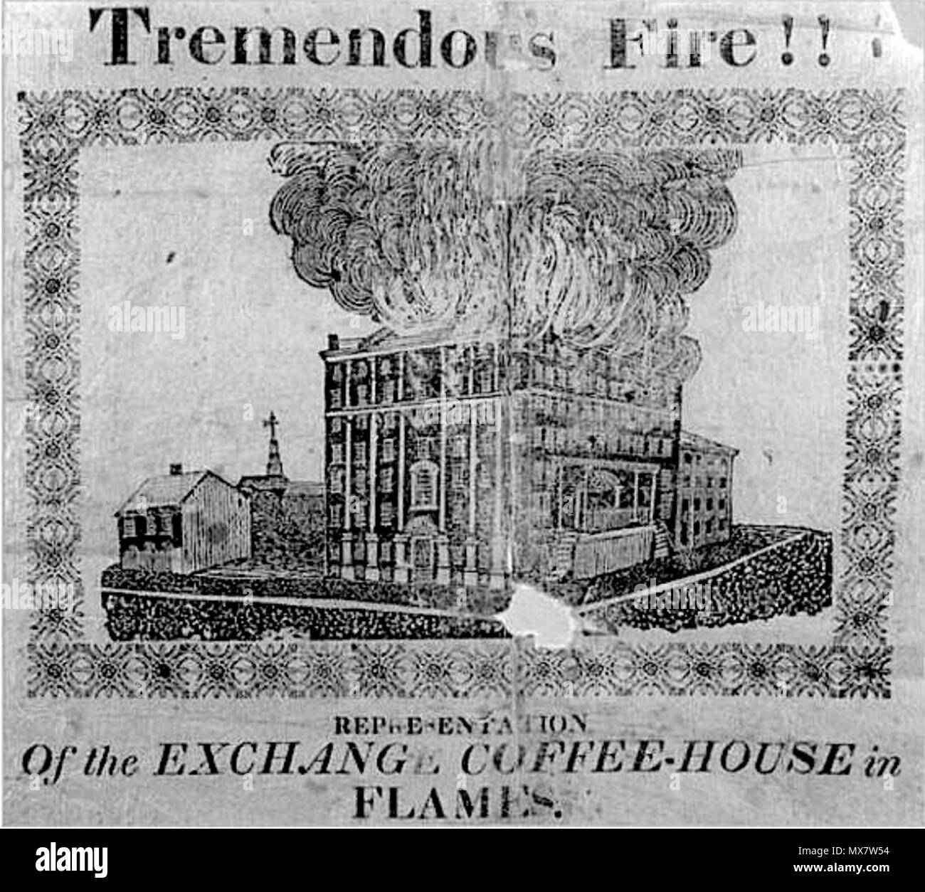 . Broadside: depiction of the Exchange Coffee House, Boston burning ...
