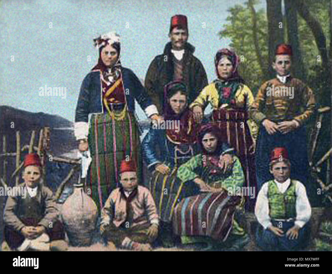 . English: Old greek postcard depicting a family in Thessaloniki ...