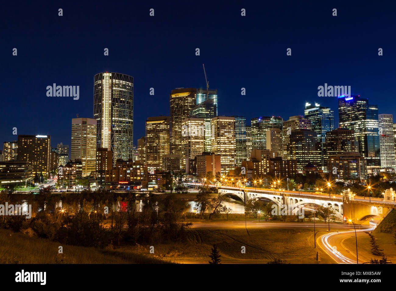 Calgary downtown skyline at sunset blue hour showing Centre Street ...