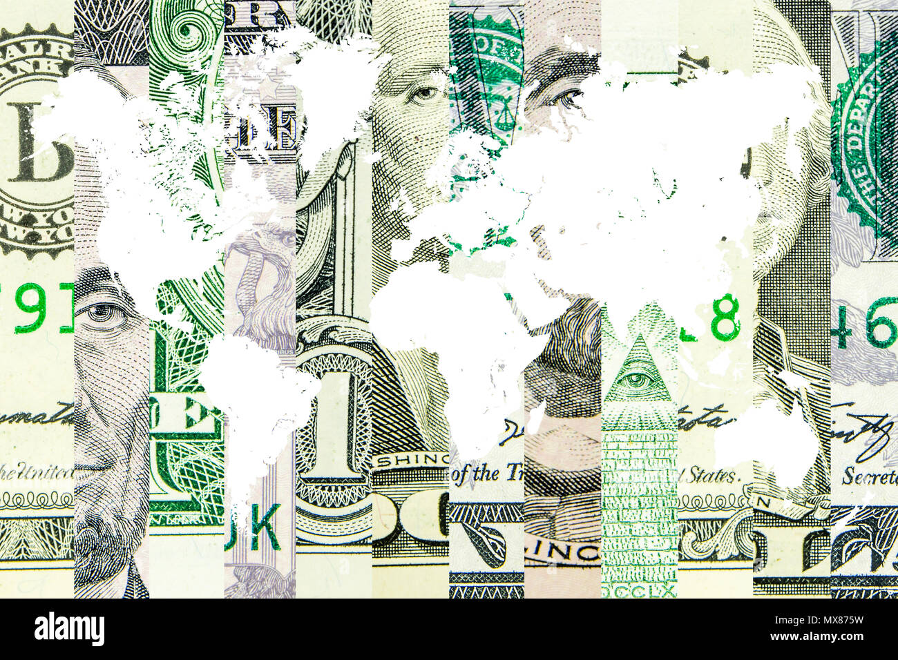 american dollar as the world reserve currency with white map of the ...