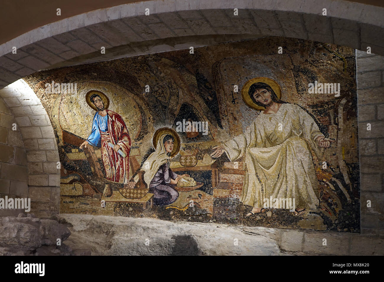 NAZARET, ISRAEL - CIRCA MAY 2018 Mosaic on the wall of cave under Saint ...