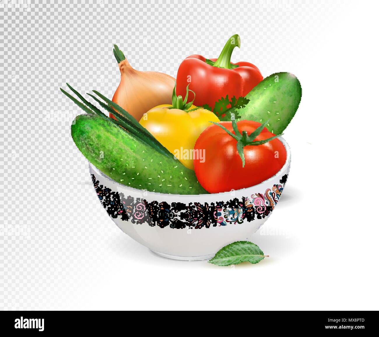 Fresh vegetables in white ceramic bowl. Tomatoes, cucumbers, pepper and ...