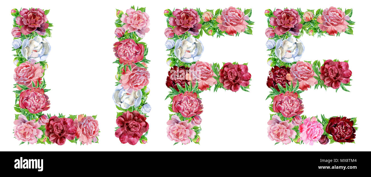 Word LIFE of watercolor flowers, isolated hand drawn on a white ...