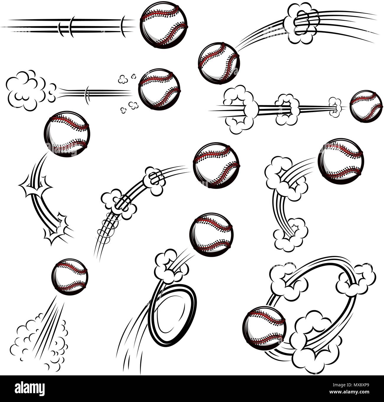 Set of baseball balls with motion trails in comic style. Design element ...