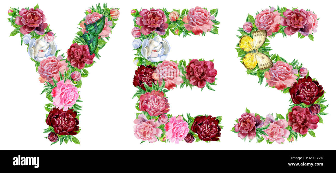 Word yes of watercolor flowers, isolated hand drawn on a white ...