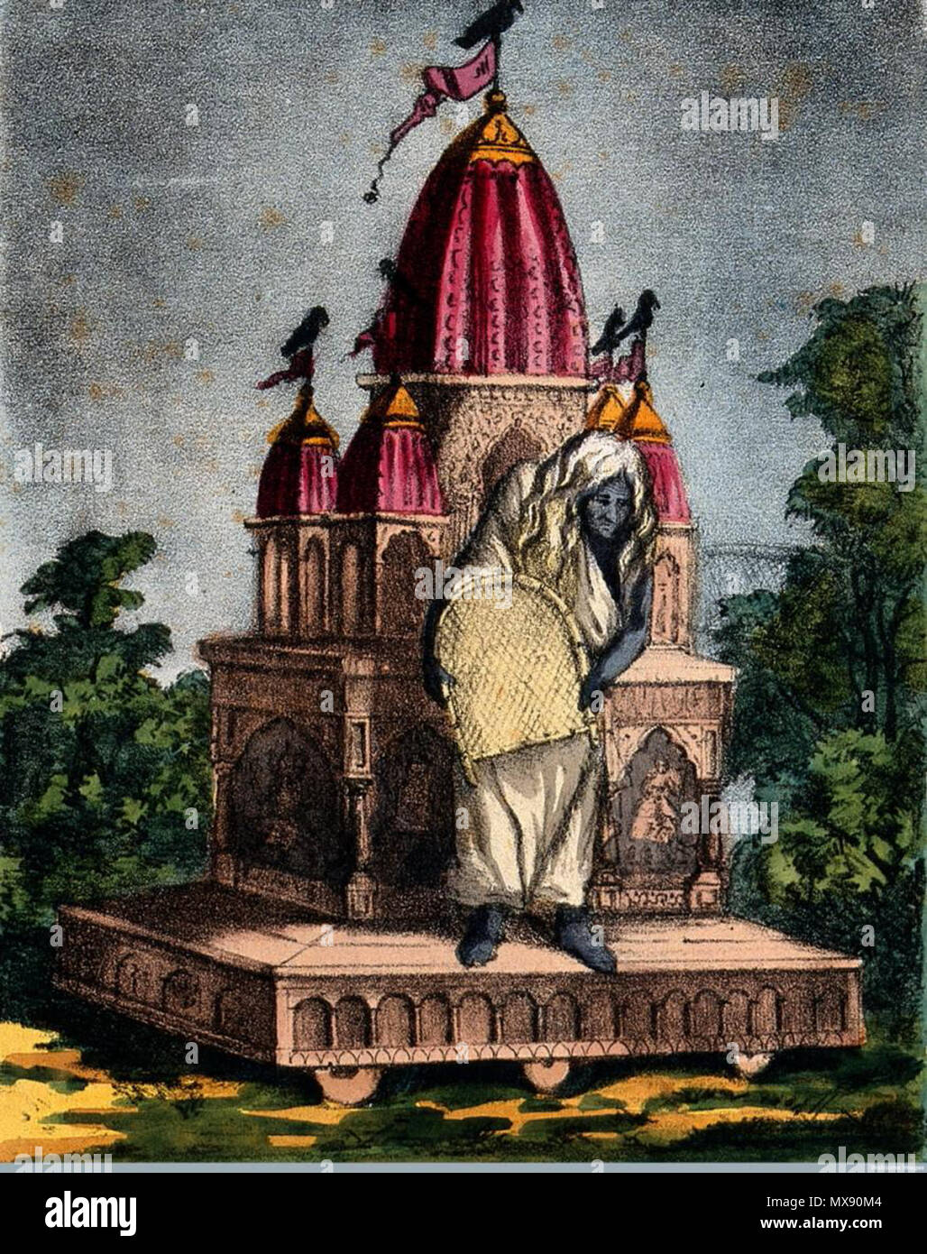 . Dhumávati on a temple chariot. Coloured lithograph. 'Dhūmāvatī ...