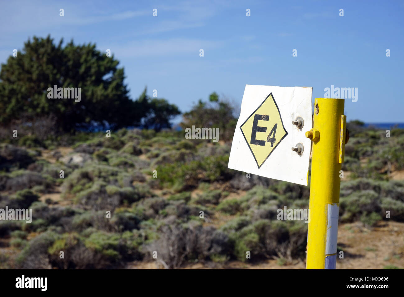 Sign of E4 hiking trail on the west coast of Krete island, Greece Stock ...
