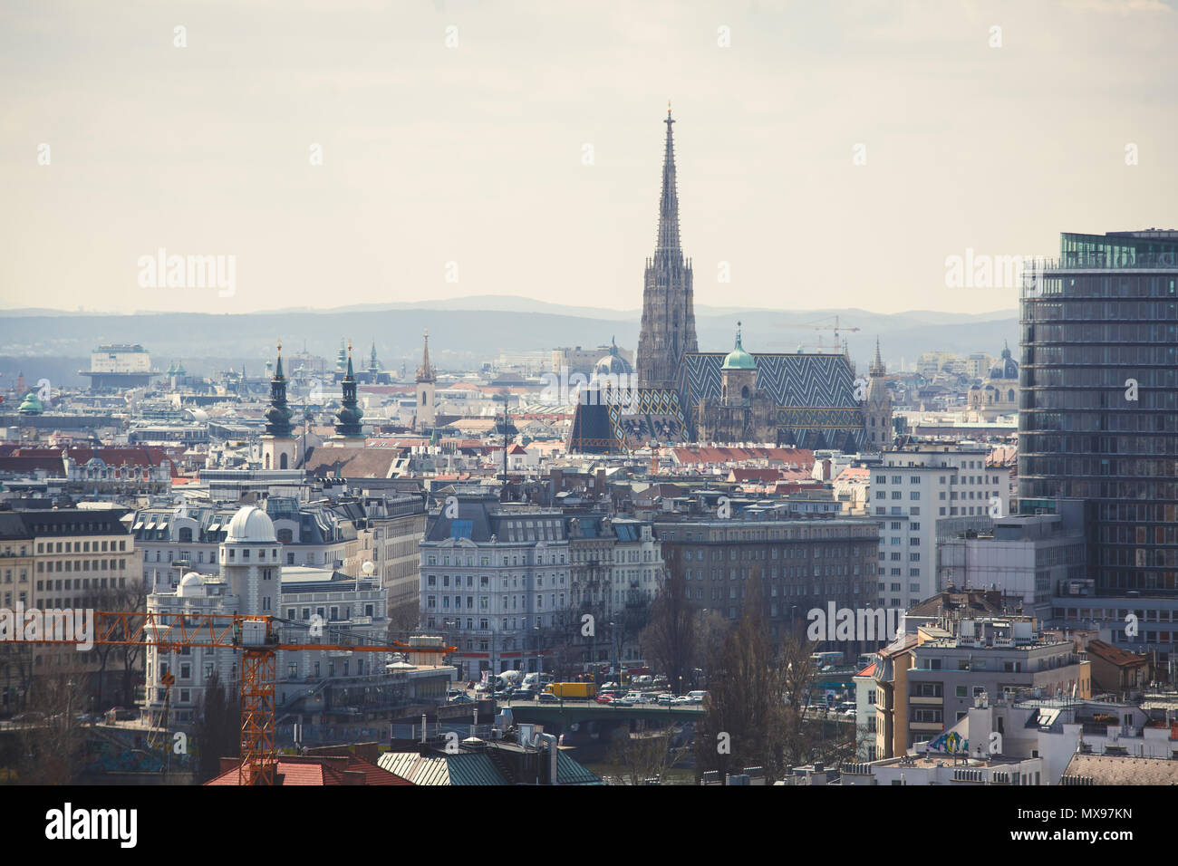 Beautiful super-wide angle aerial view of Vienna, Austria, with old ...