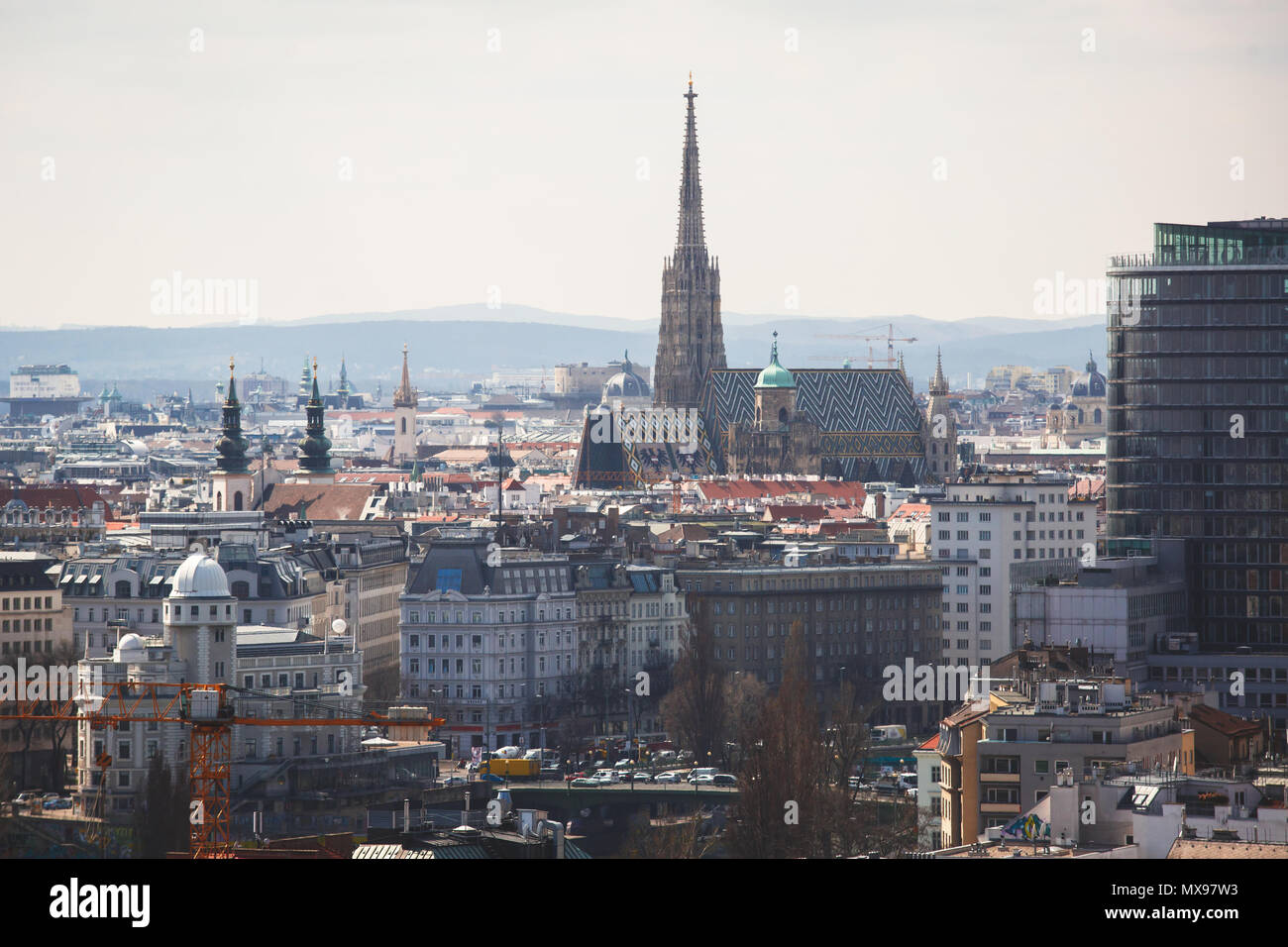 Beautiful super-wide angle aerial view of Vienna, Austria, with old ...