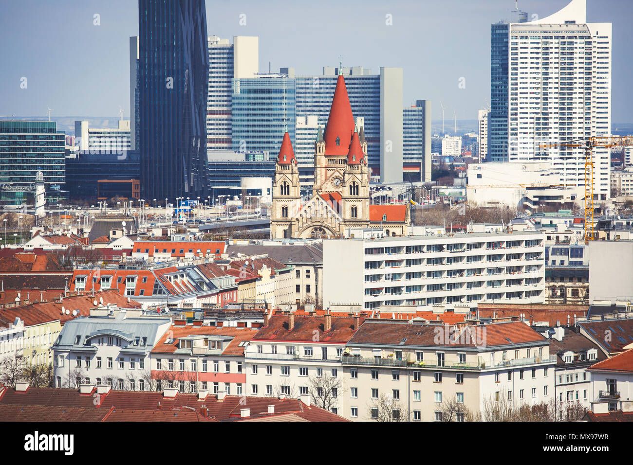 Beautiful super-wide angle aerial view of Vienna, Austria, with old ...