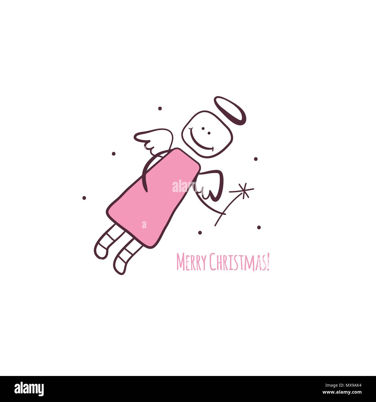 Primitive smiling kind angel with wings and magic wand flying in sky ...