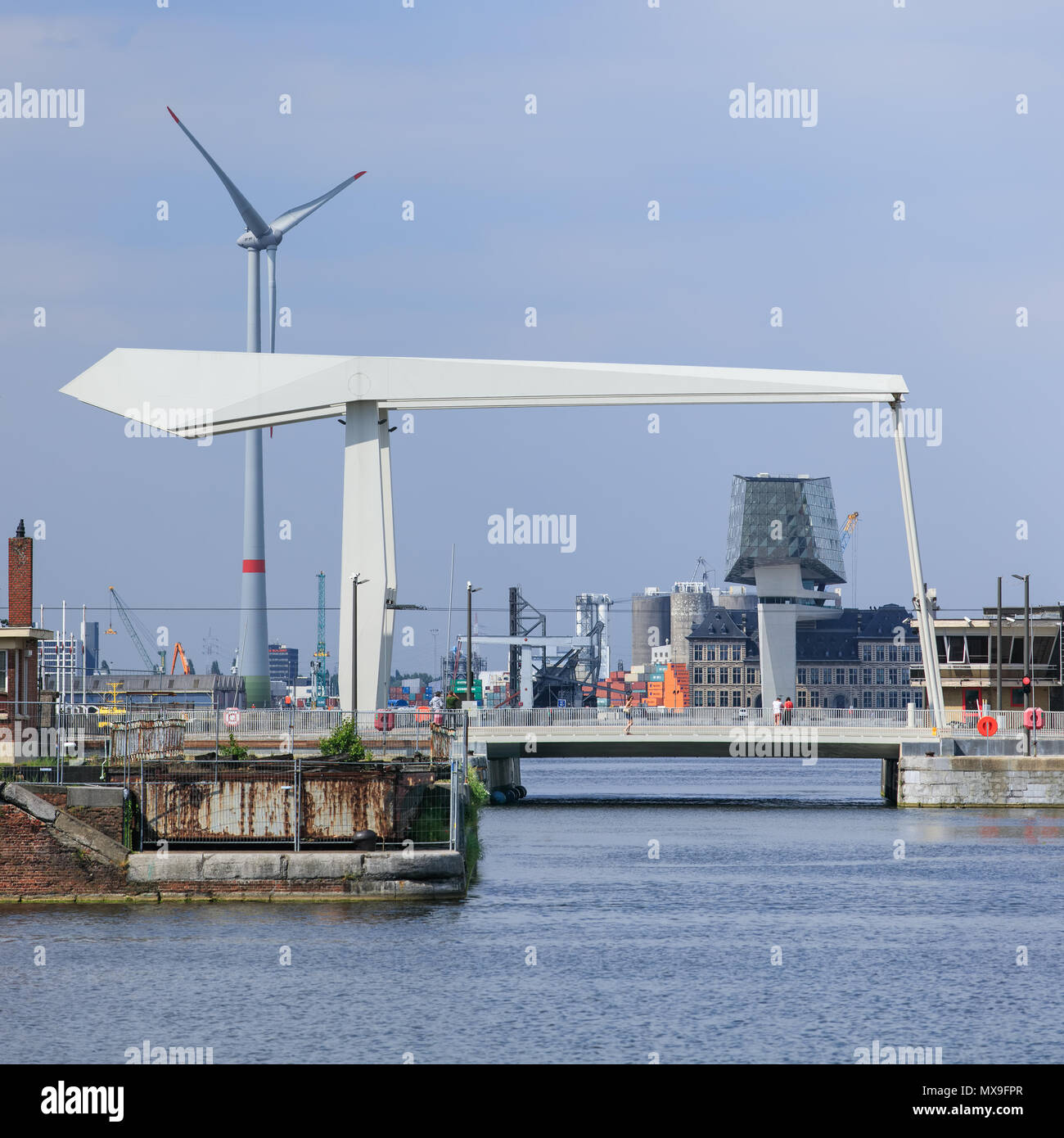 ANTWERP-MAY 21, 2018. Modern drawbridge in Antwerp port area. Antwerp ...