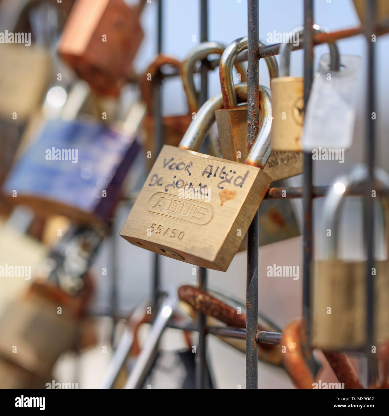 ANTWERP-MAY 21, 2018. Close up of a padlock in the lock love wall in ...