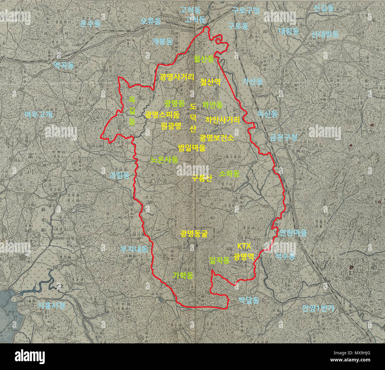 . 한국어: 1919년경 당시 광명시 일대 지도 (적색선은 2015년 현재 광명시 행정구역 영역) English: A map ...