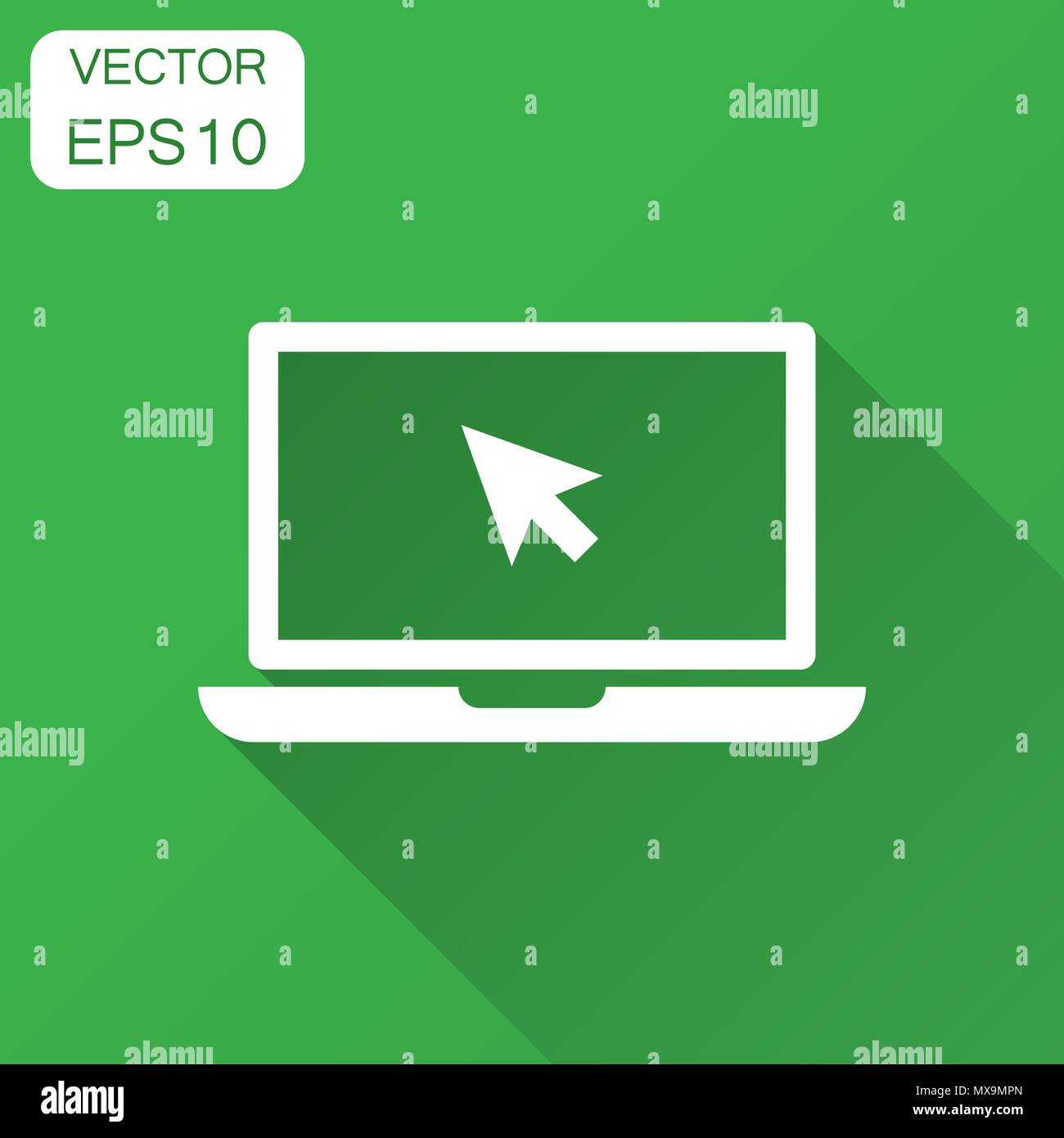 Laptop notebook with mouse cursor vector icon in flat style. Laptop screen with long shadow ...