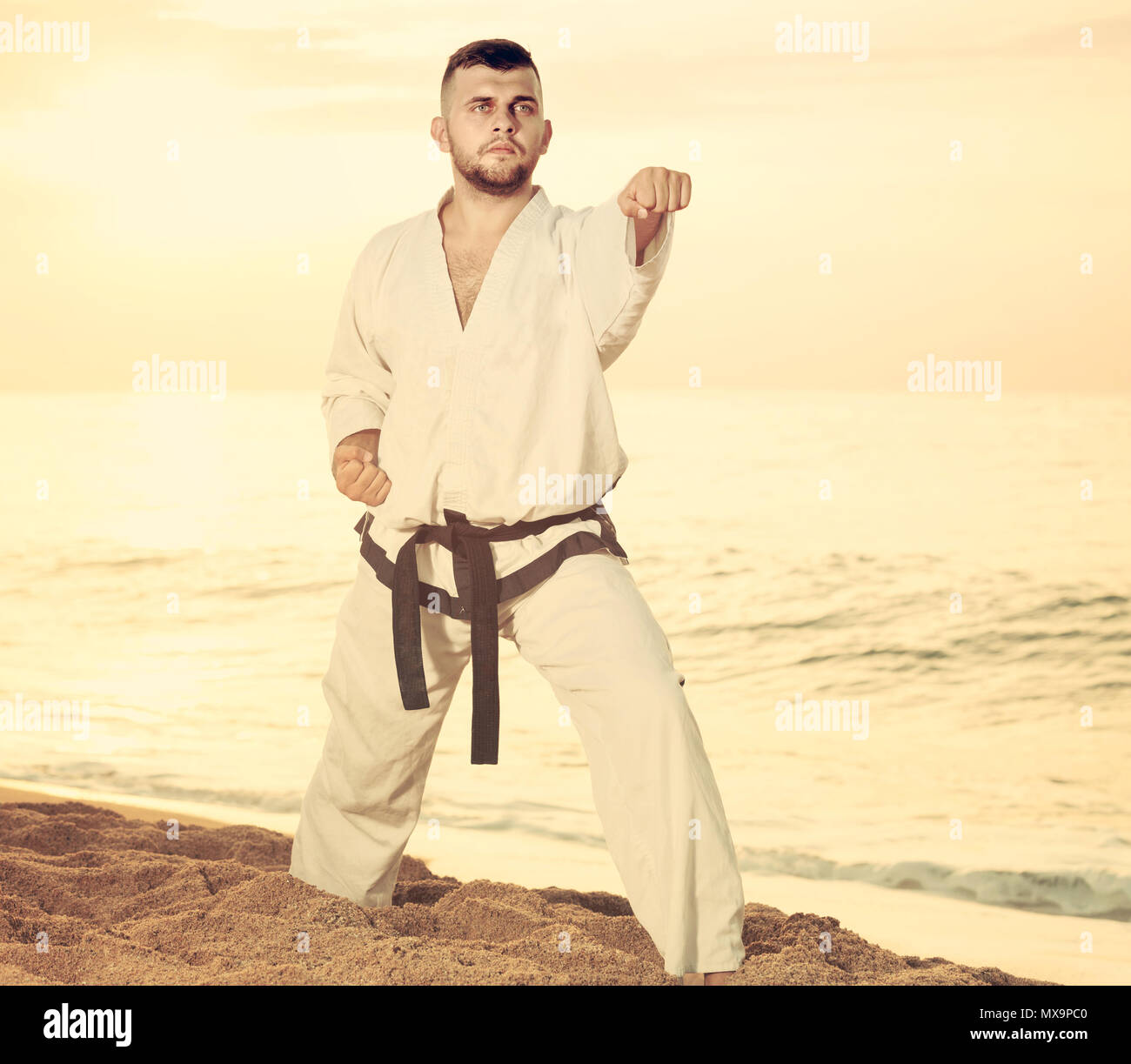 Positive guy practising karate kata poses at seaside Stock Photo - Alamy