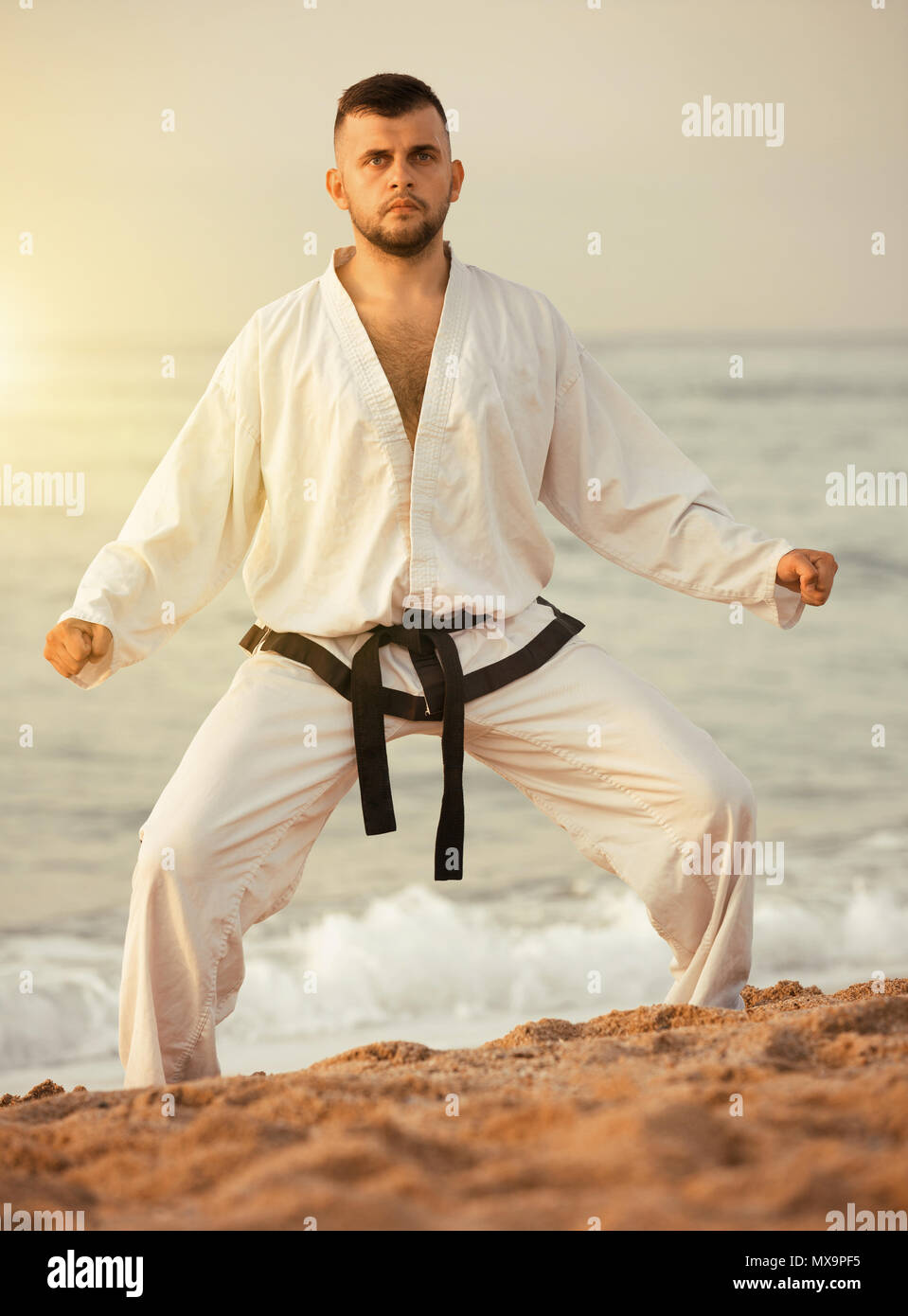Cheerful male practising karate kata poses at seaside Stock Photo - Alamy