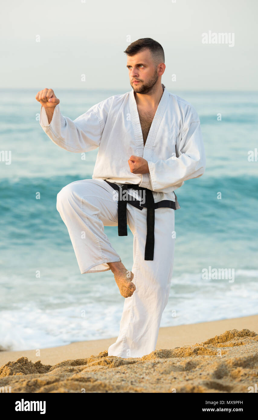 Joyful guy practising karate kata poses at seaside Stock Photo - Alamy