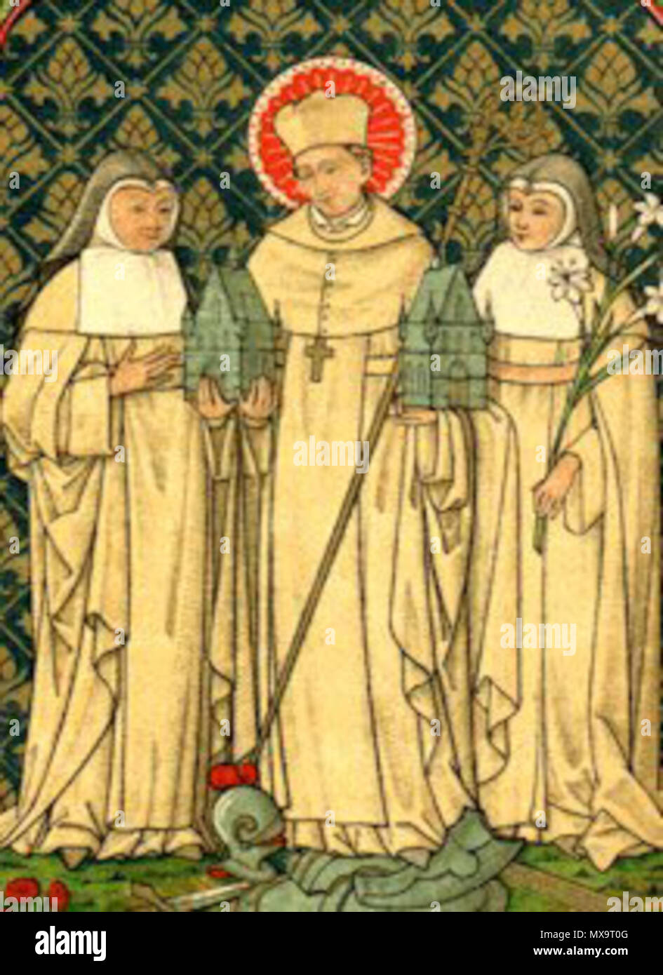 . English: St. Gilbert of Sempringham with two Gilbertine nuns . 19th ...