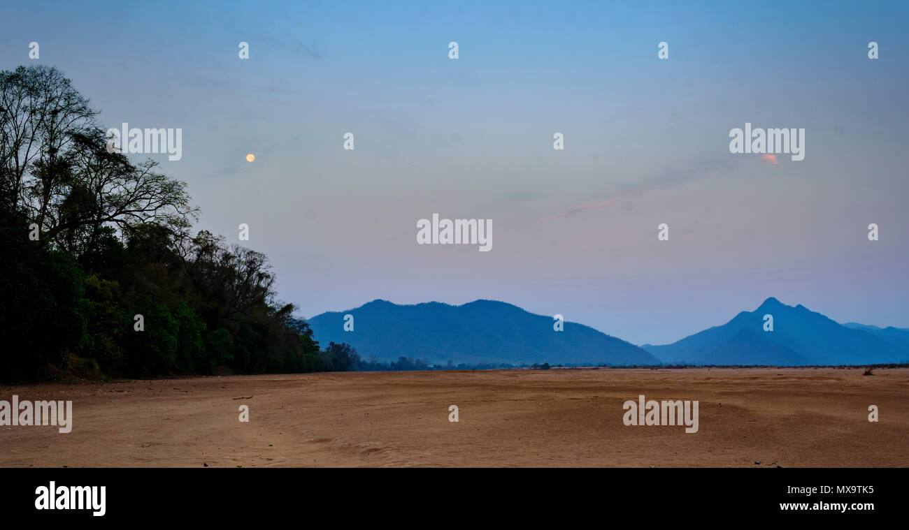 Landscape of Forest and river beach, with Eastern Ghat mountains during ...