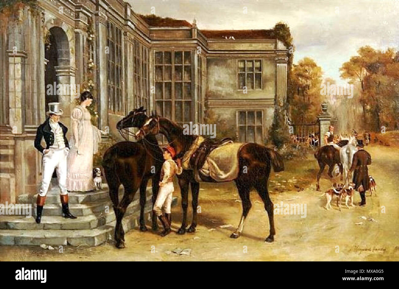 . The Ride (19th-century genre painting of Regency scene). The woman is ...