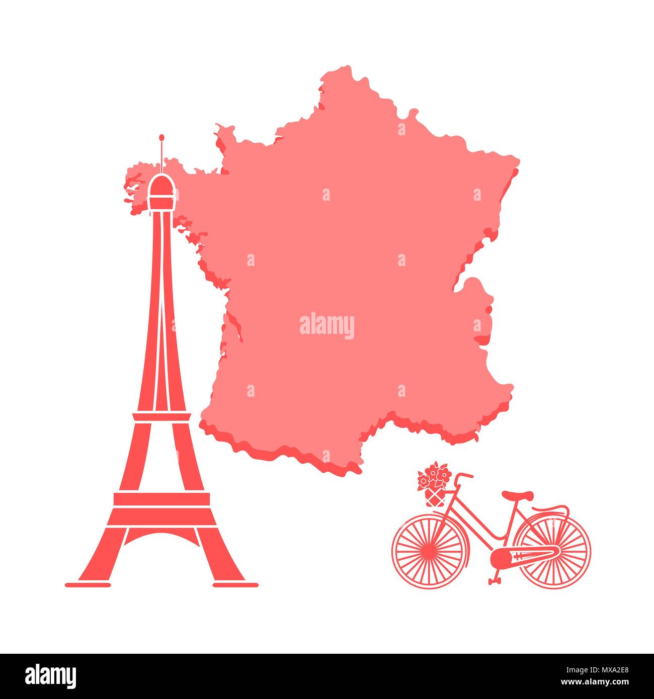 Map of France, famous tower of Paris, bicycle with a basket of flowers ...