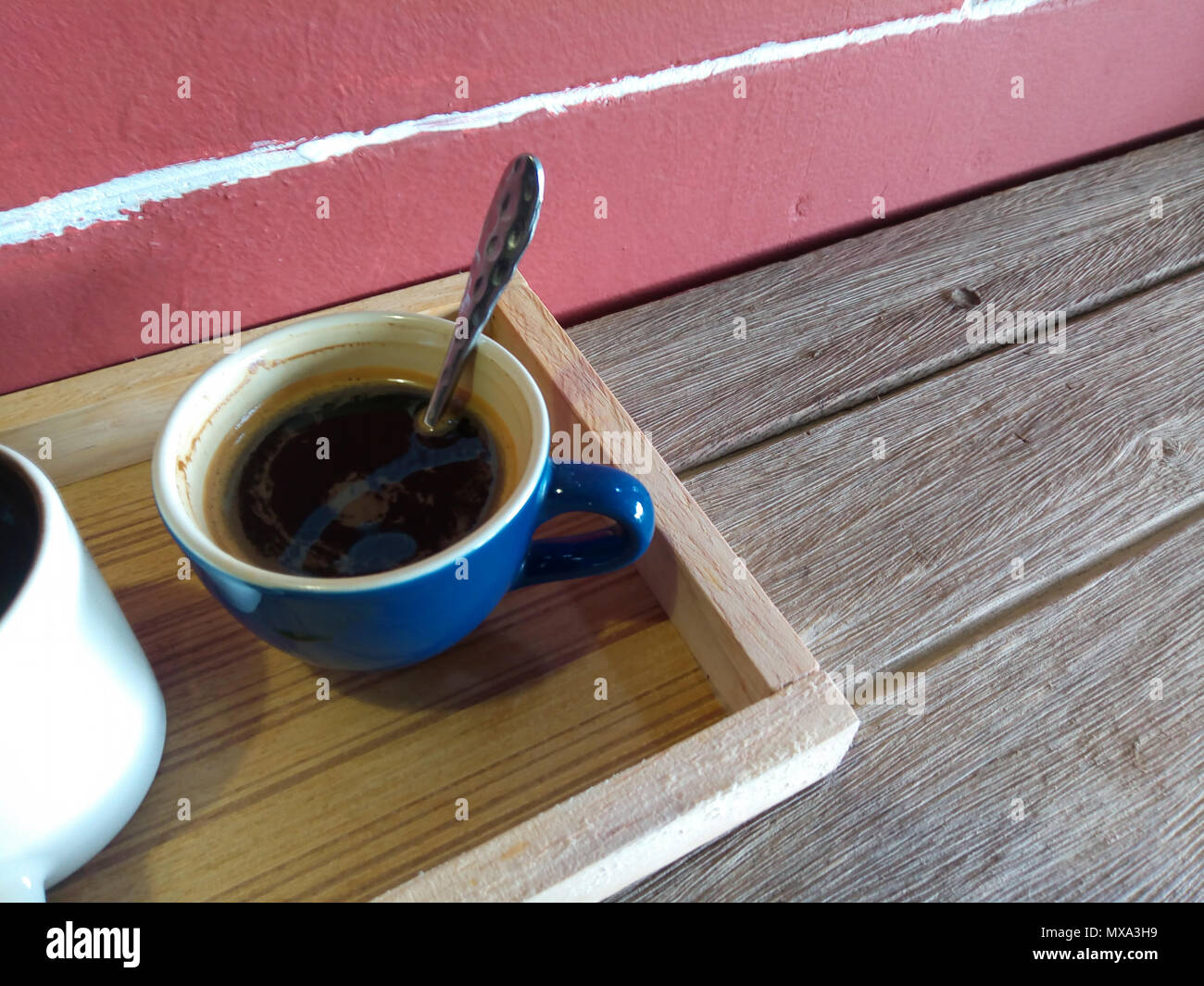 Coffee break business. Cup of espresso coffee on wood table on ...