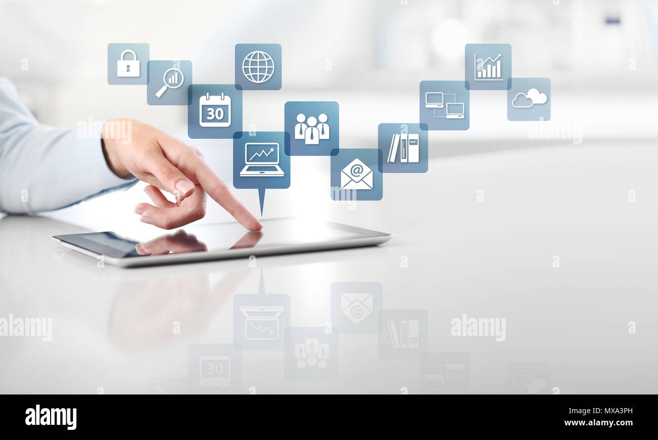 office business work concept, hand touch screen icons of digital tablet ...