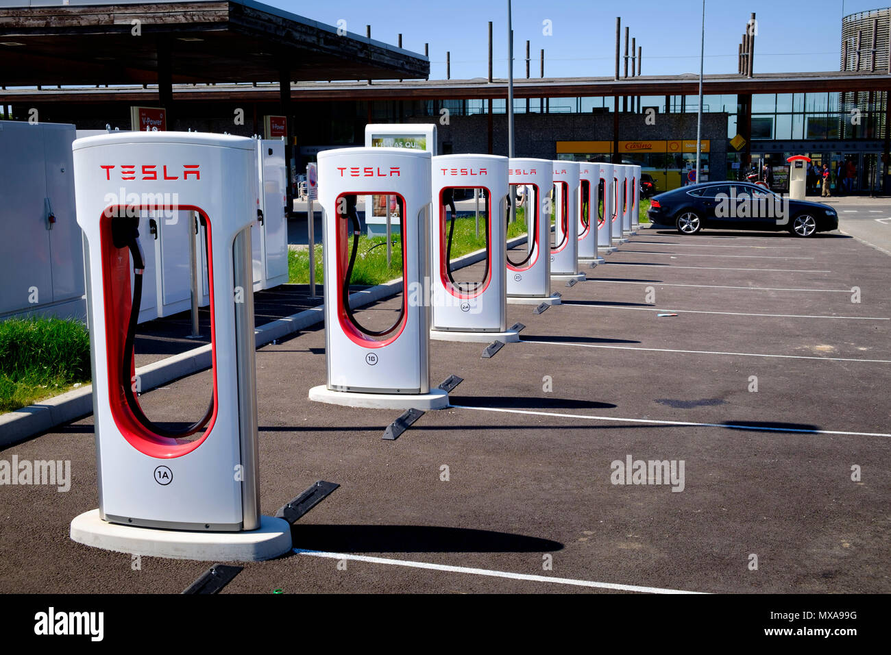 Tesla multi electric car charging points at French service station ...