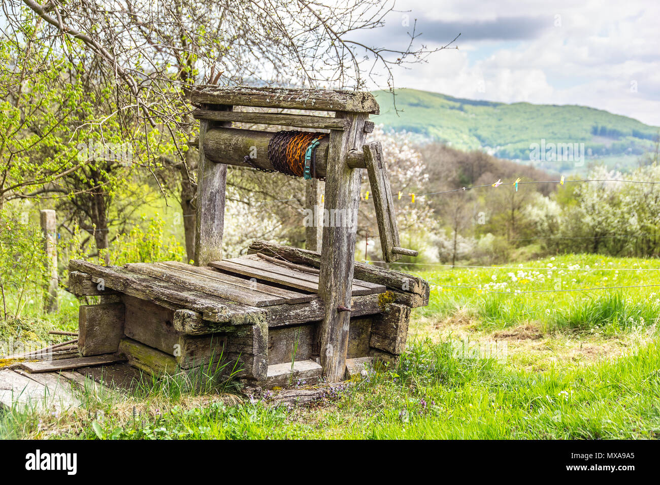 old abandoned wooden well with beautiful structure on countryside Stock ...