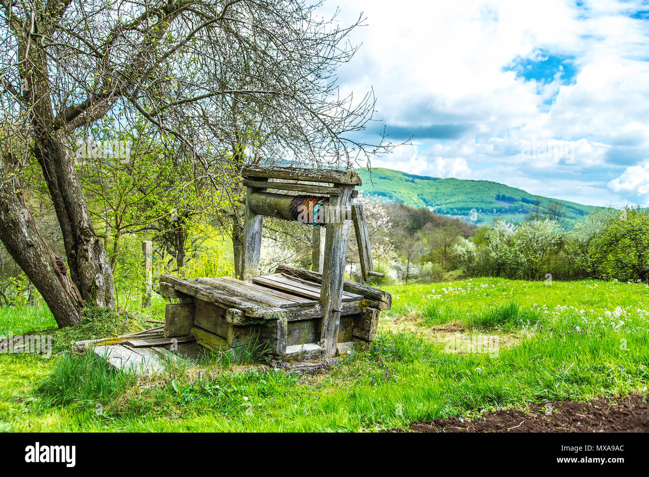 old abandoned wooden well with beautiful structure on countryside Stock ...
