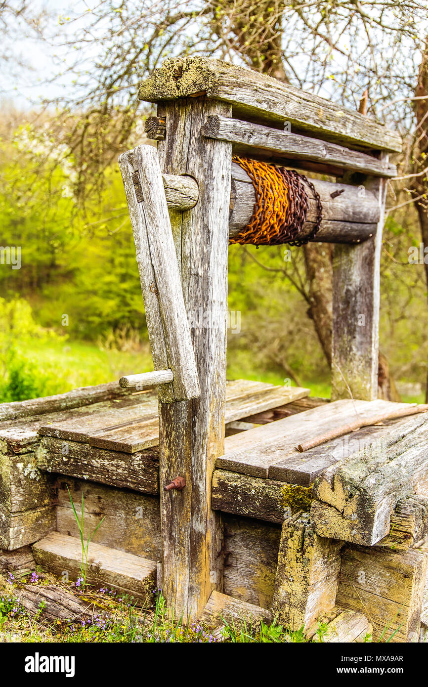 old abandoned wooden well with beautiful structure on countryside Stock ...