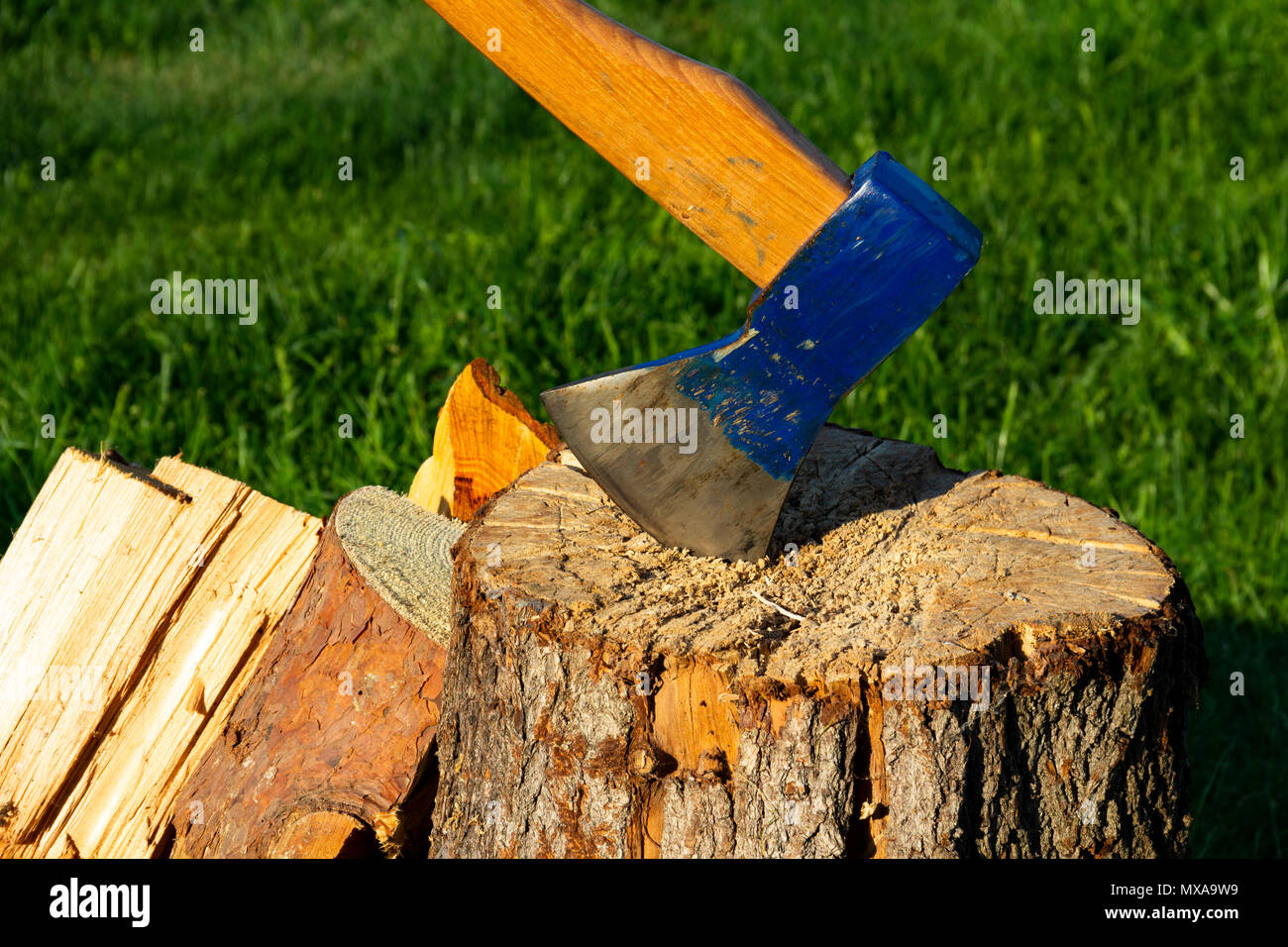 Axe stuck in a stem. Blue axe close up. Wood working Concept. Blue axe ...