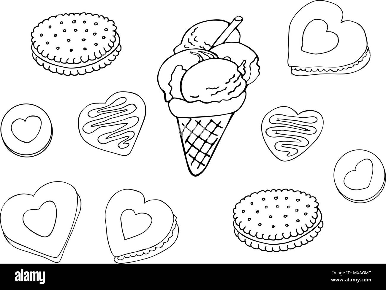 Set of hand drawn donut, ice cream, biscuit. Vector color illustration on white background Stock ...
