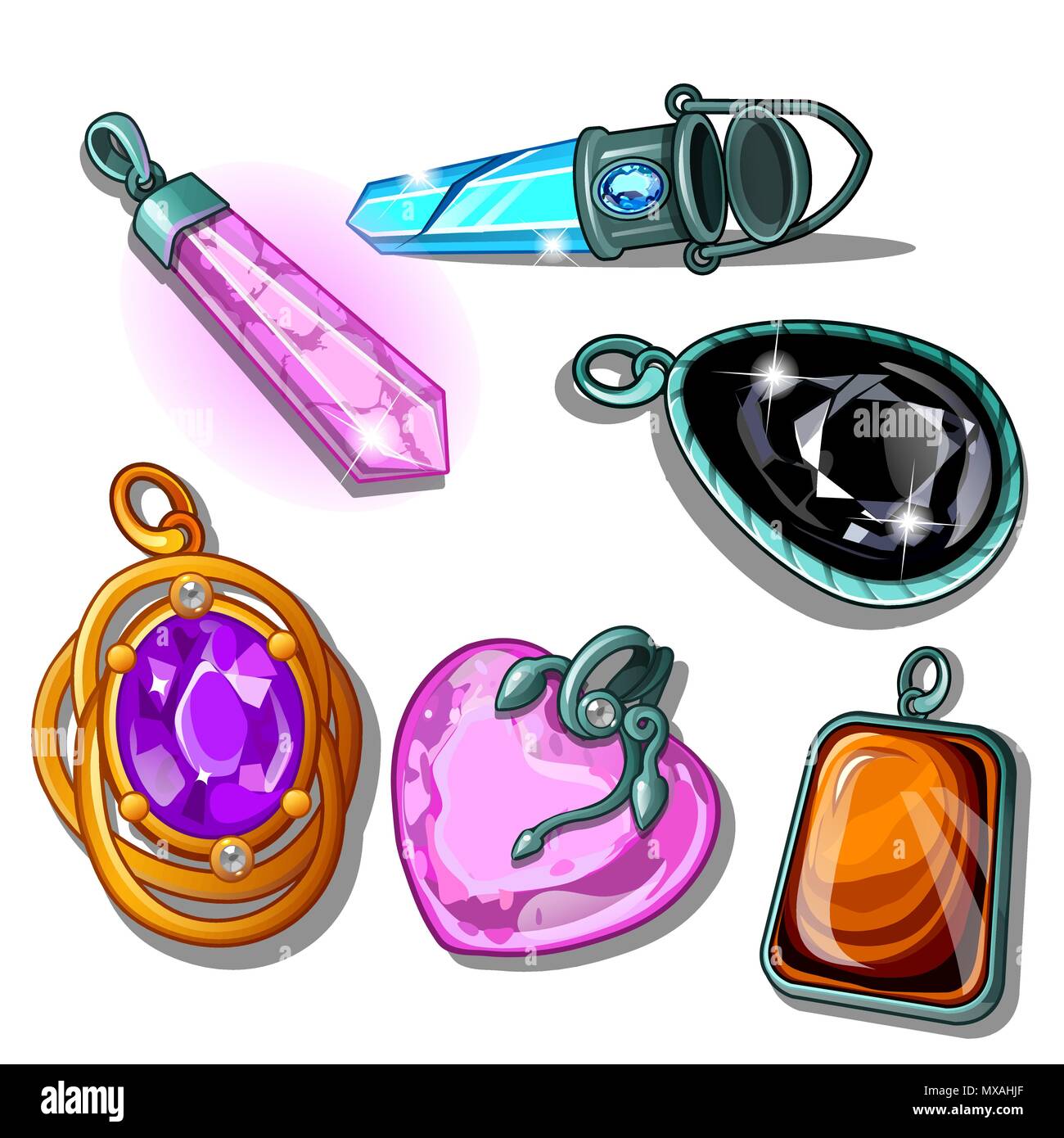 A set of pendants made of precious stones isolated on a white ...