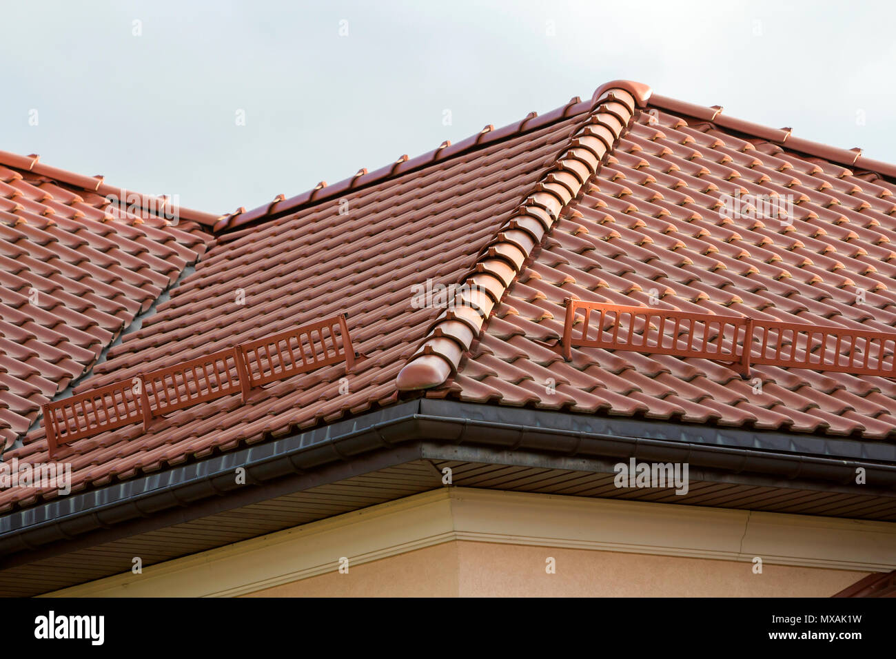 Close-up detail of shingled roof with snow and ice protection fence and ...