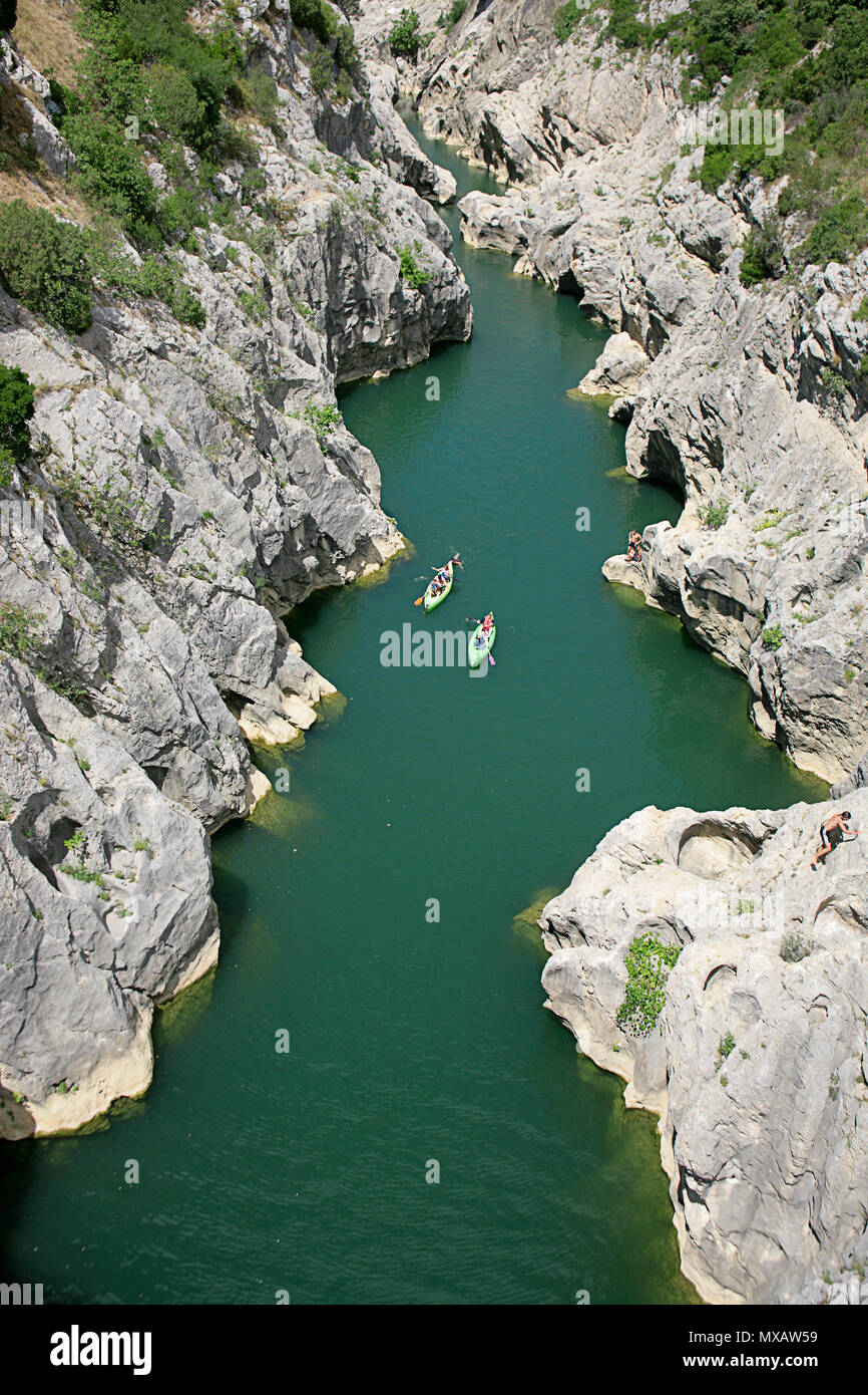 Canoeists in the narrow Gorges de l'Hérault, from le Pont du Diable ...