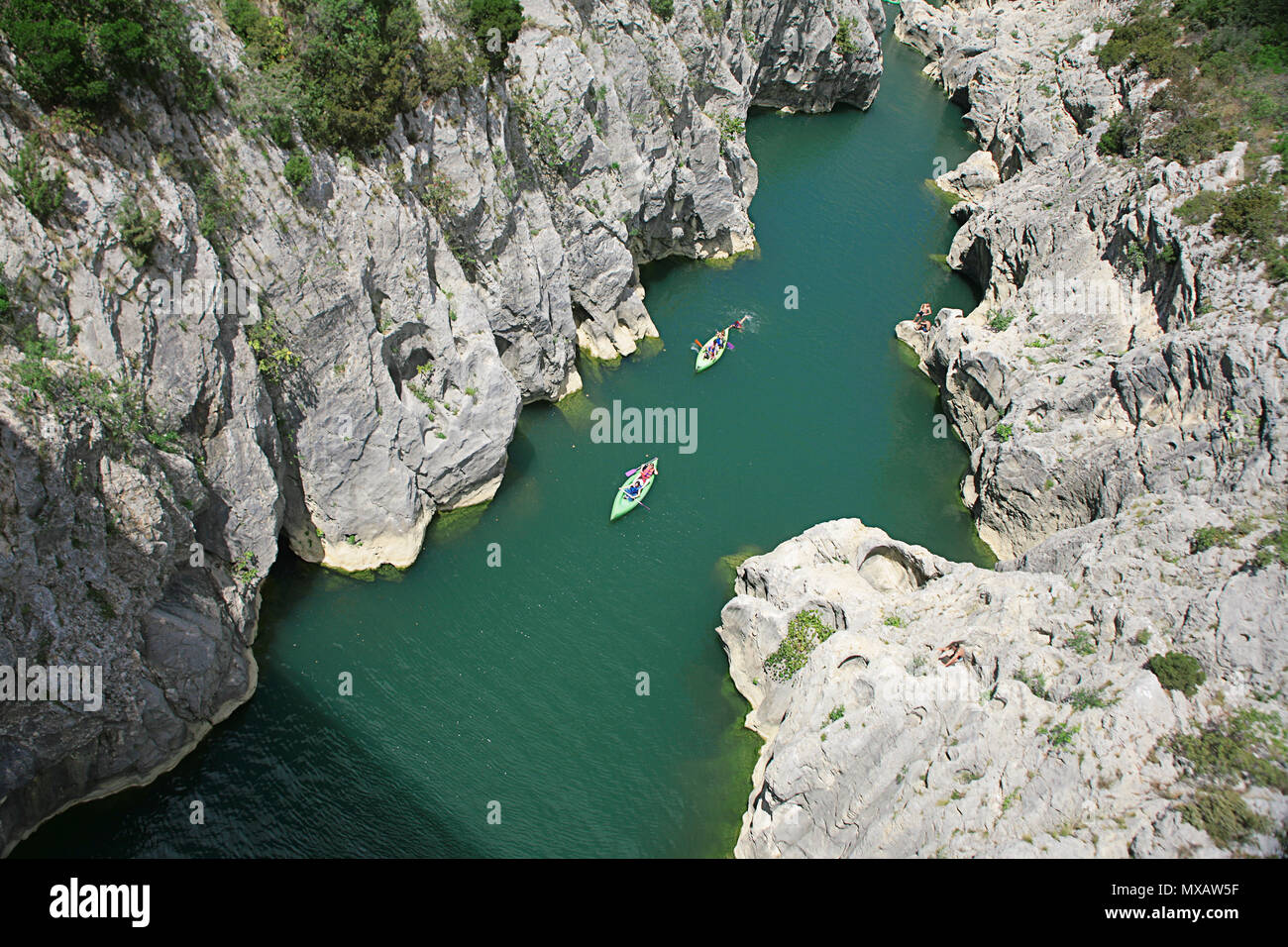 Canoeists in the narrow Gorges de l'Hérault, from le Pont du Diable ...